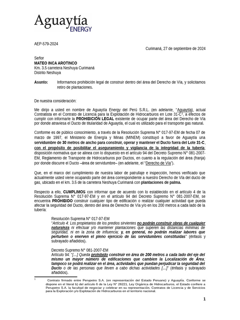 AEP - Proyecto de Carta KM 3.5 CNC (Rev 01) | PDF | Derecho