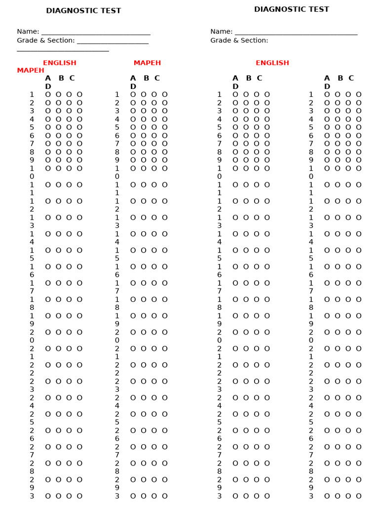 Answer Sheet English Mapeh | PDF