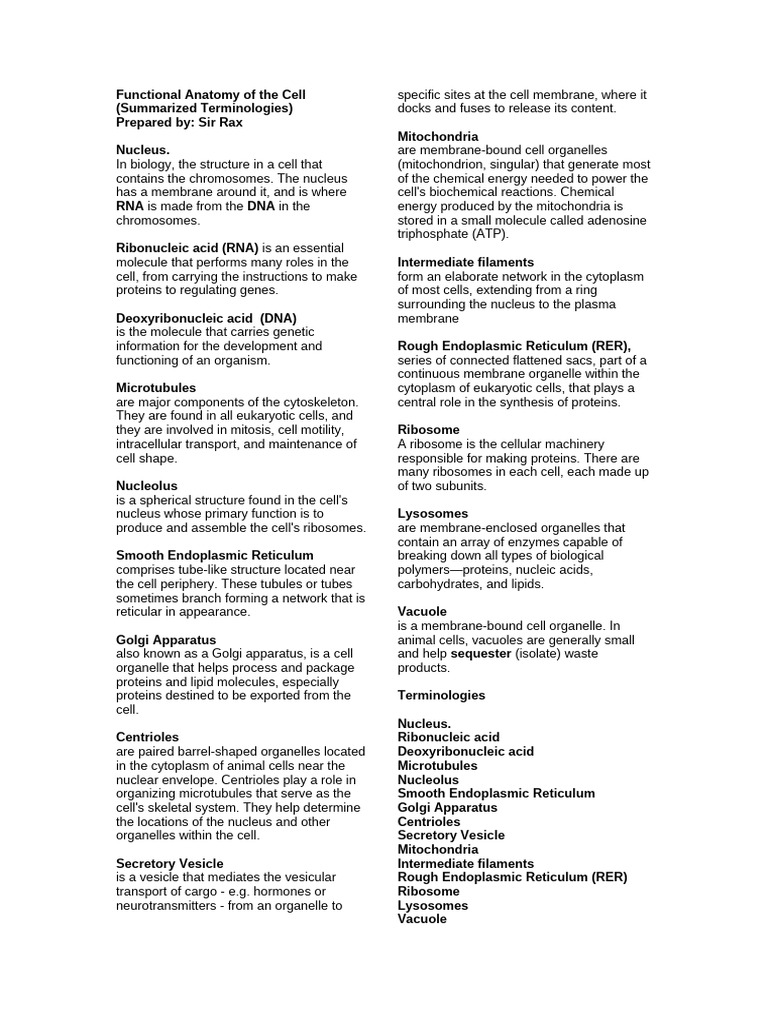 Functional Anatomy of The Cell SUMMARIZED TERMINOLOGIES | PDF | Cell ...