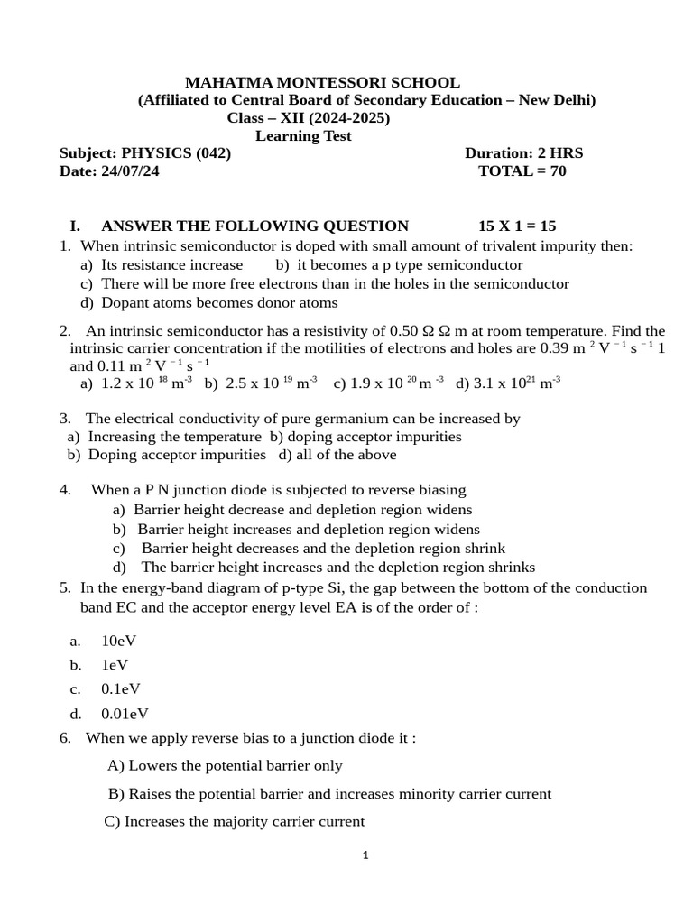 Learning Test Grade 12 Semiconductor | PDF