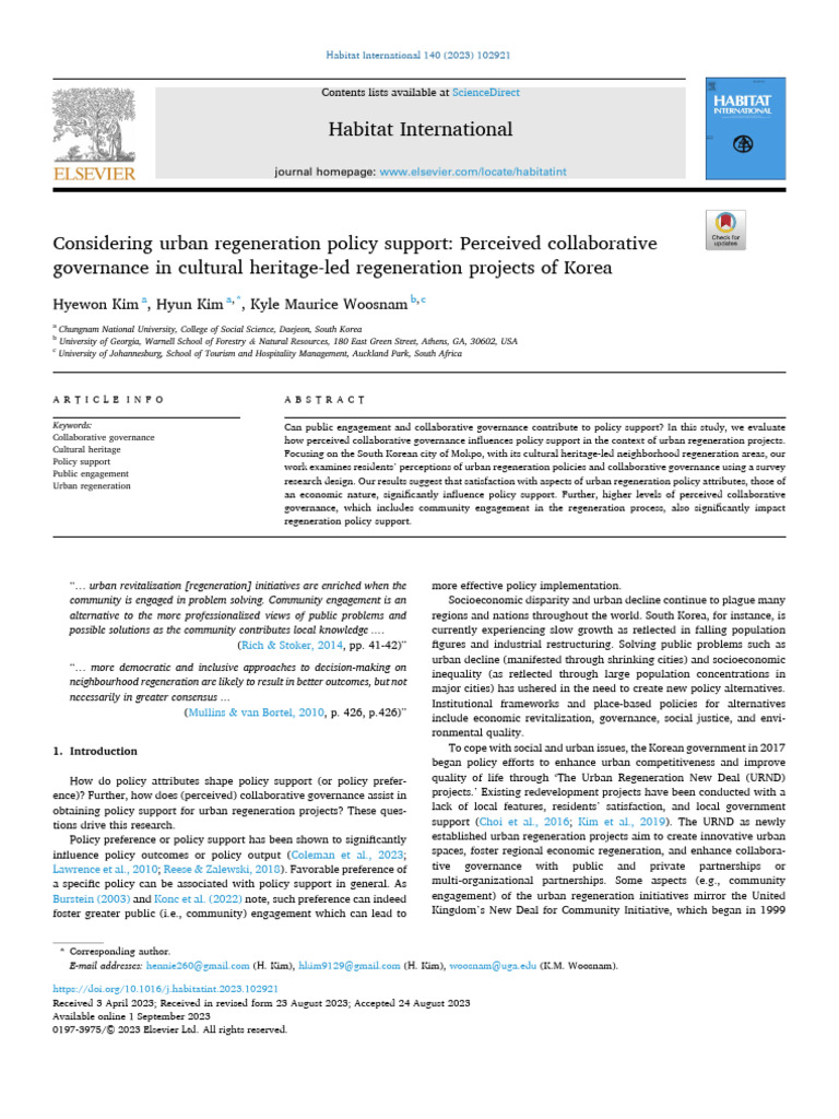 Considering urban regeneration policy support- Perceived collaborative governance in cultural ...