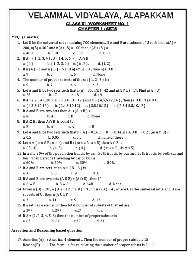 CLASS XI - Ch1 Worksheet No. 1 (2024-25) | PDF