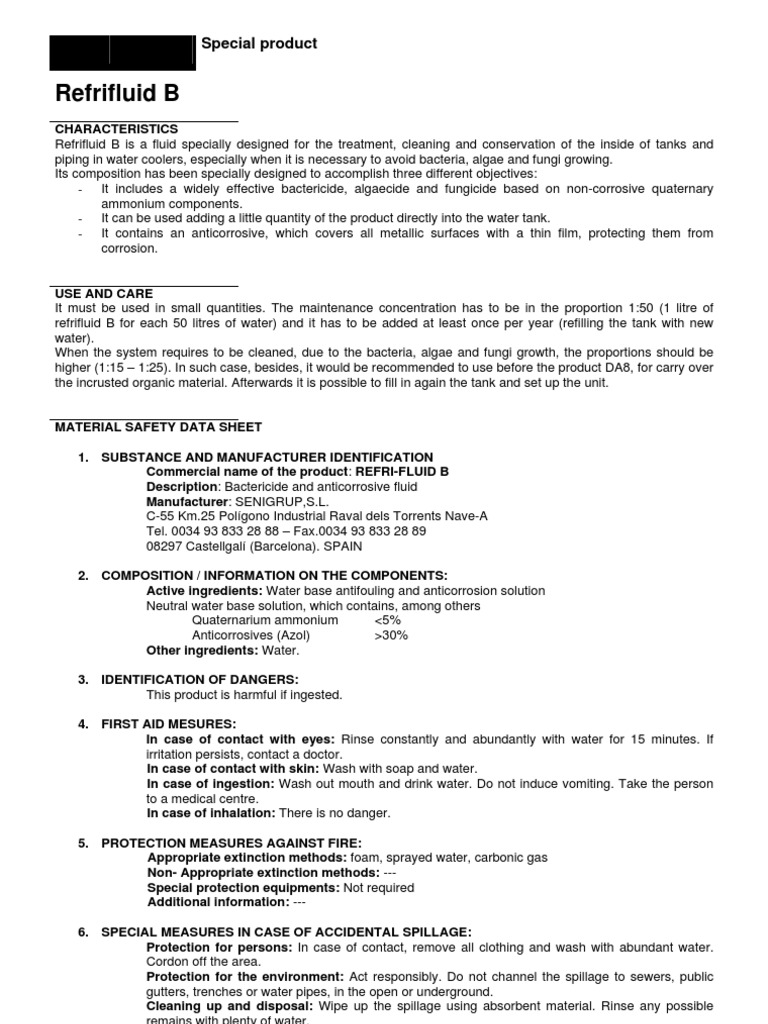 Refrifluid B: Bactericide for Water Tanks | PDF | Hygiene | Water