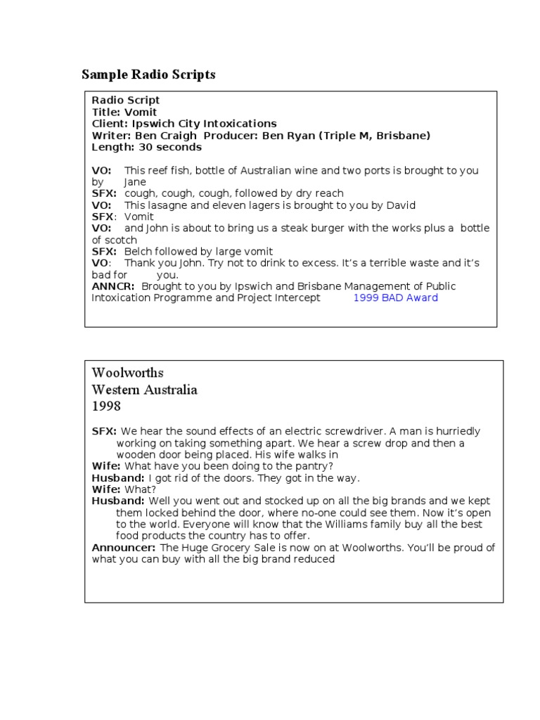Sample Radio Scripts: Woolworths Western Australia 1998