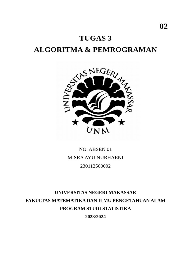 Tugas 3 Algoritma & Pemrograman: No. Absen 01 Misra Ayu Nurhaeni 230112500002 | PDF