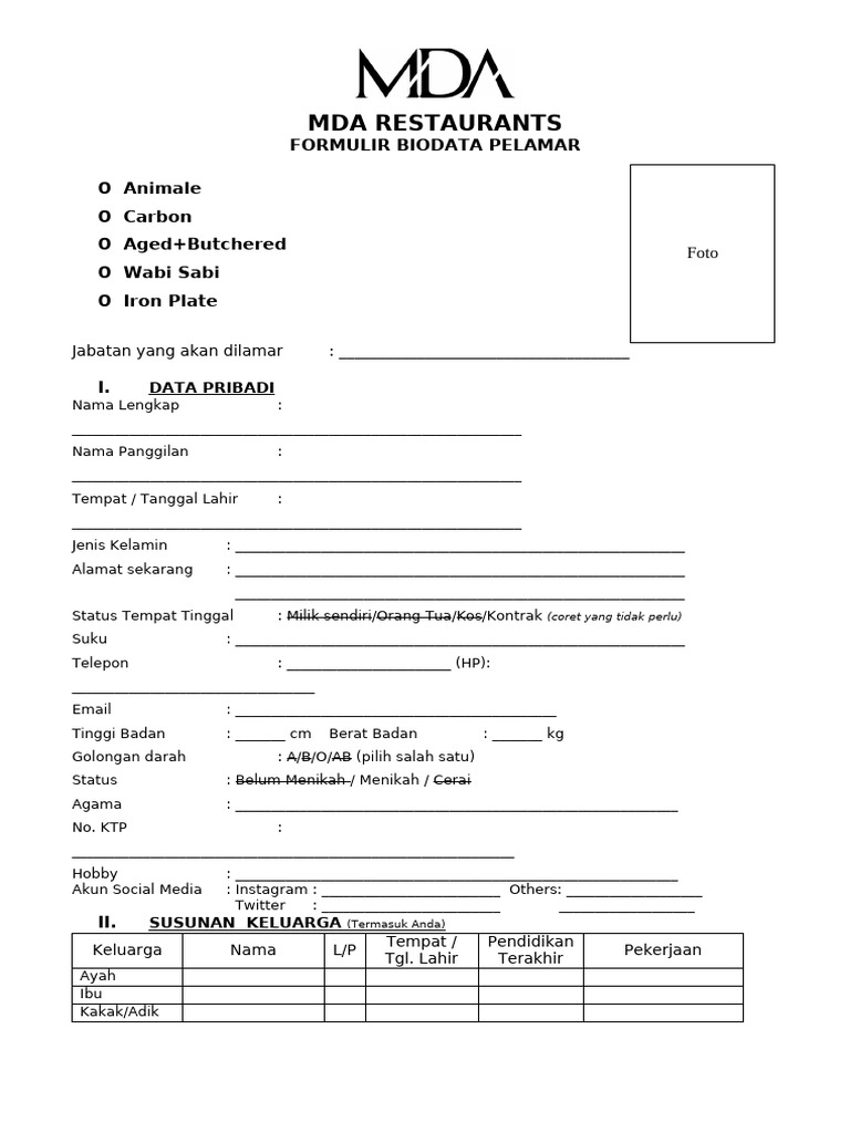 Form Biodata Pelamar MDA | PDF