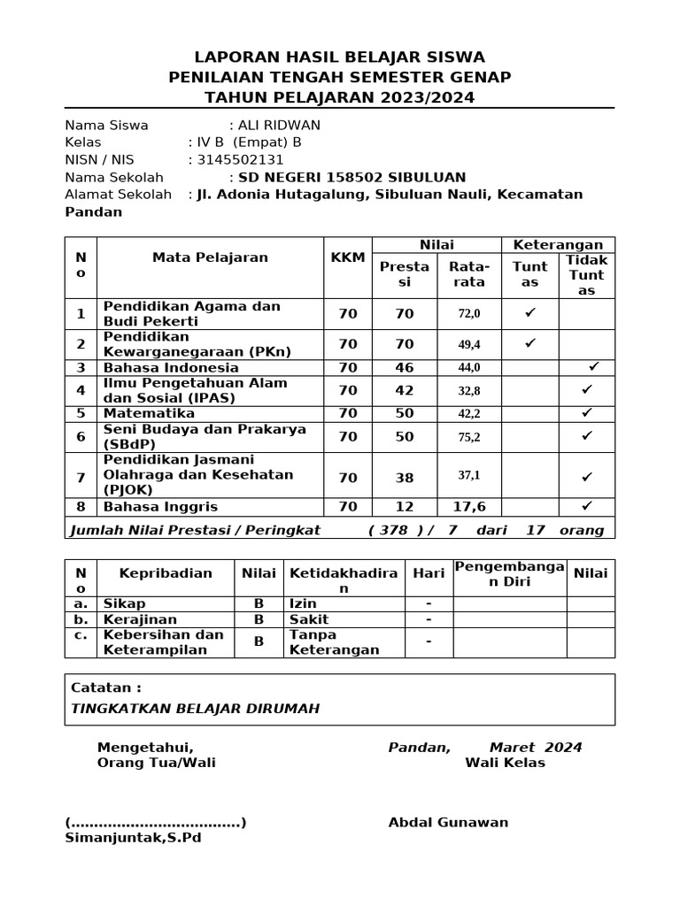 Raport Bayangan Kls IV B 2023 | PDF
