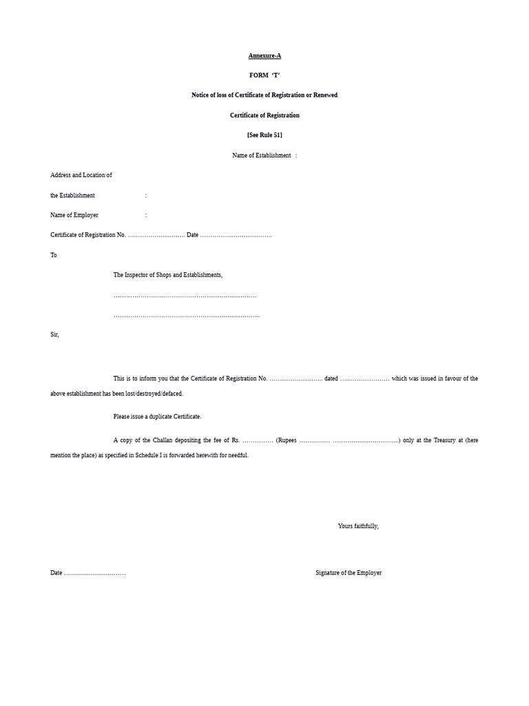 Form T - Notice of Loss of Certificate of Registration or Renewed ...