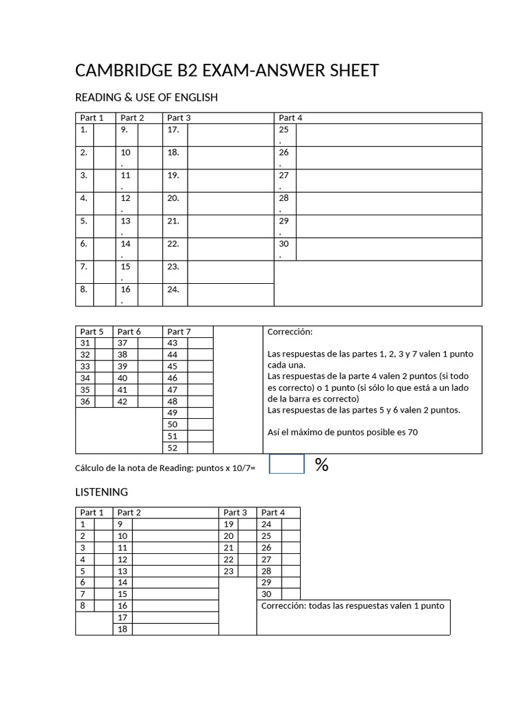 CAMBRIDGE B2 EXAM Answer Sheet | PDF