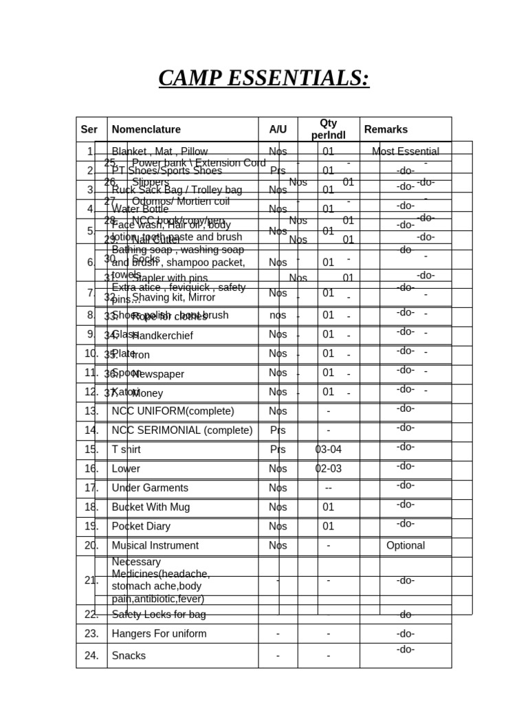 essentials for camp | PDF