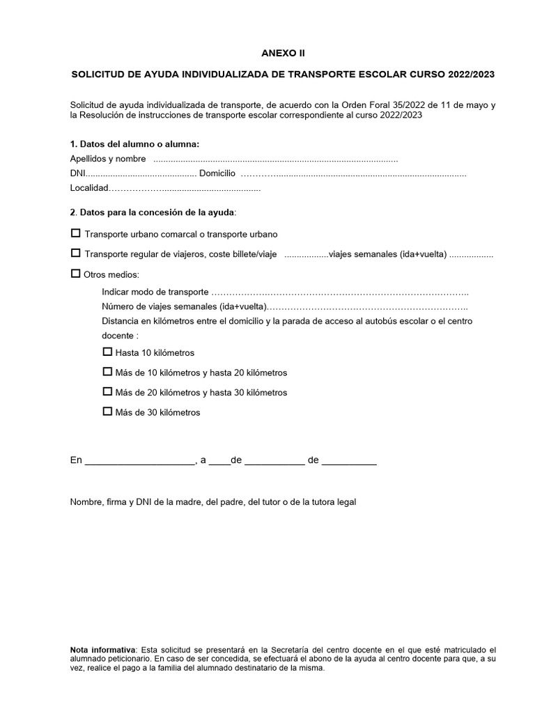 Anexo II Solicitud Ayuda Individualizada Transporte | PDF