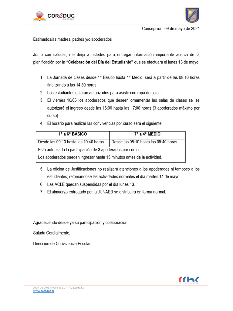 Comunicado Día Del Estudiante Apoderados | PDF