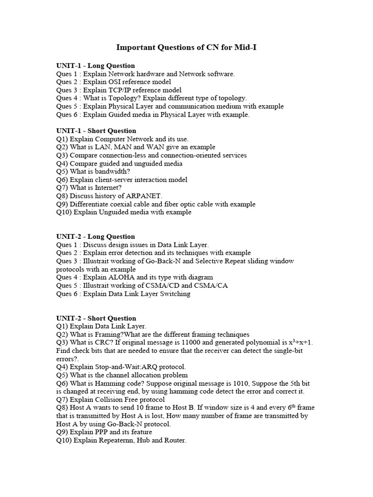 CN Important Question Unit1, Unit2, Unit3 (Half) | PDF