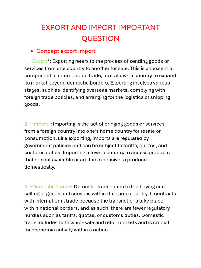 Export and Import Important Question | PDF