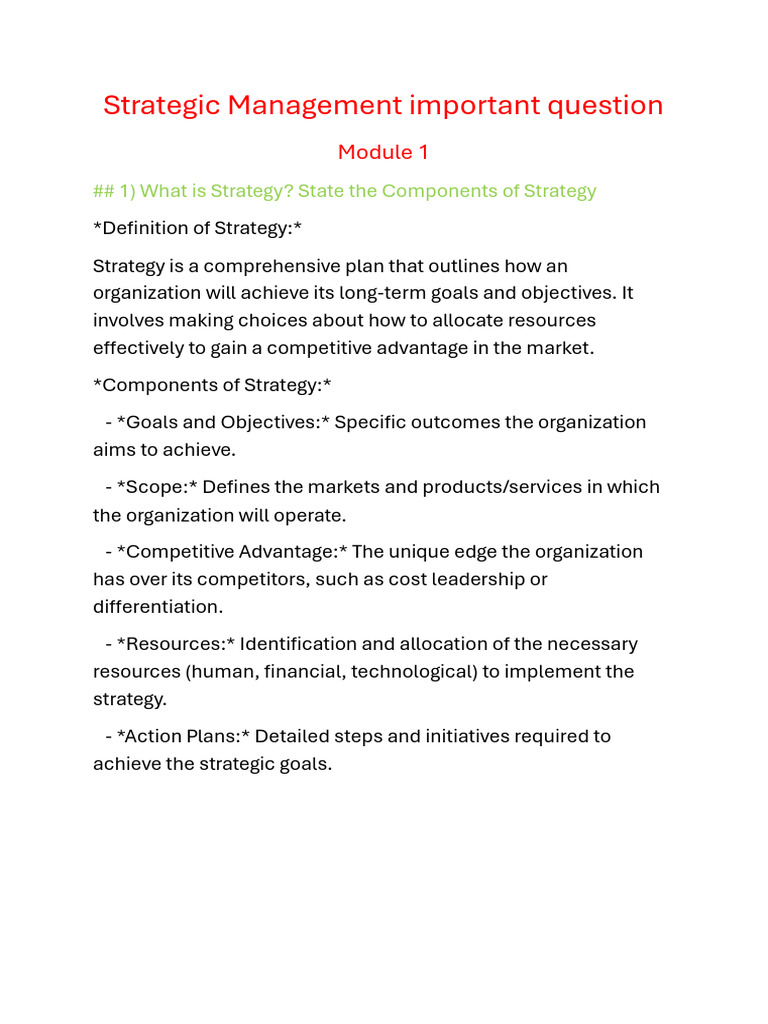 Strategic Management Important Question | PDF