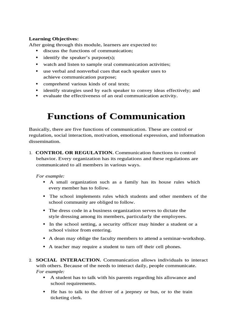 Functions of Communication Lesson Six Oral Communication | PDF