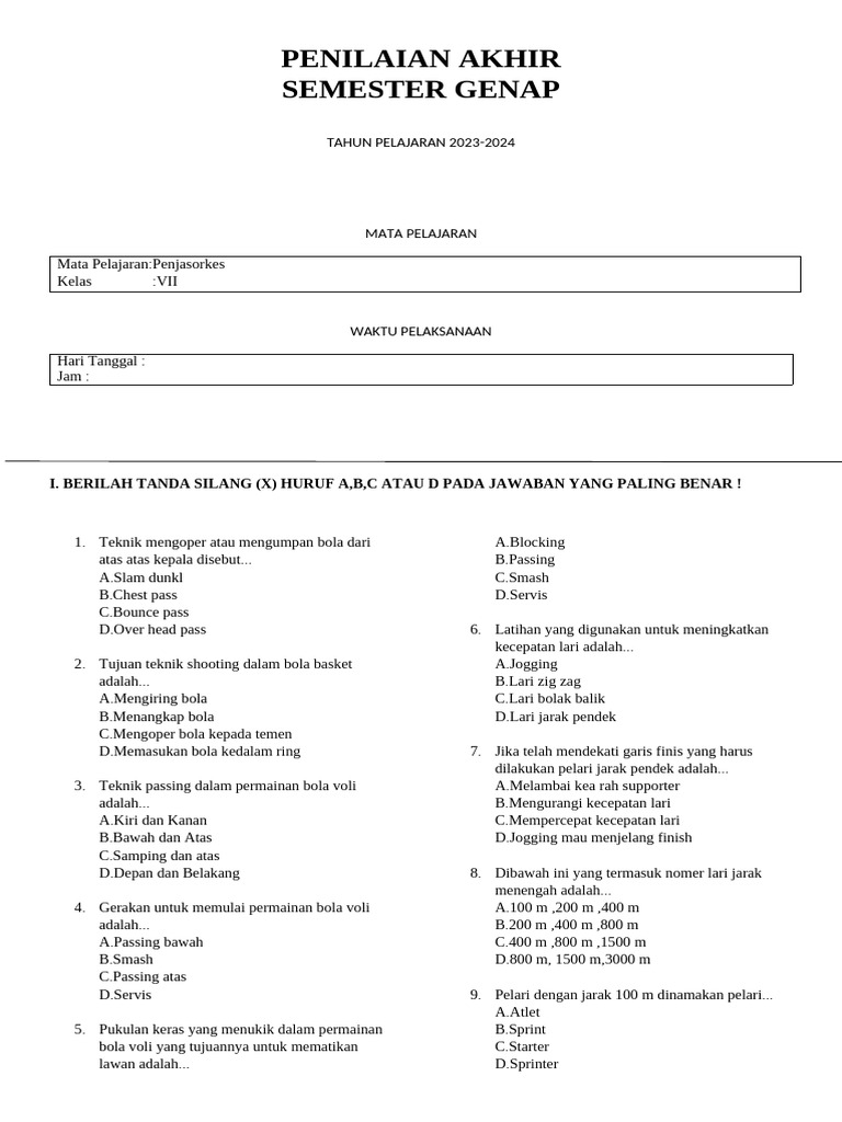 Soal Pjok Semester Genap KLS 7 2024 | PDF