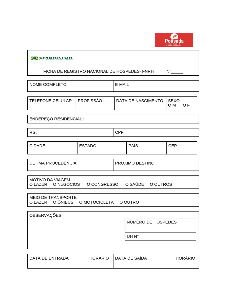 Ficha de Registro Nacional de Hóspedes - FNRH # | PDF