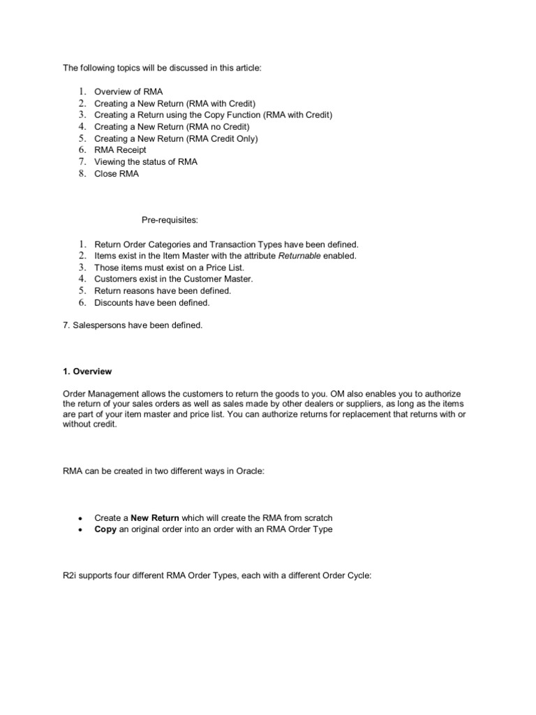 Return Material Authorization (RMA) in Order Management | PDF ...