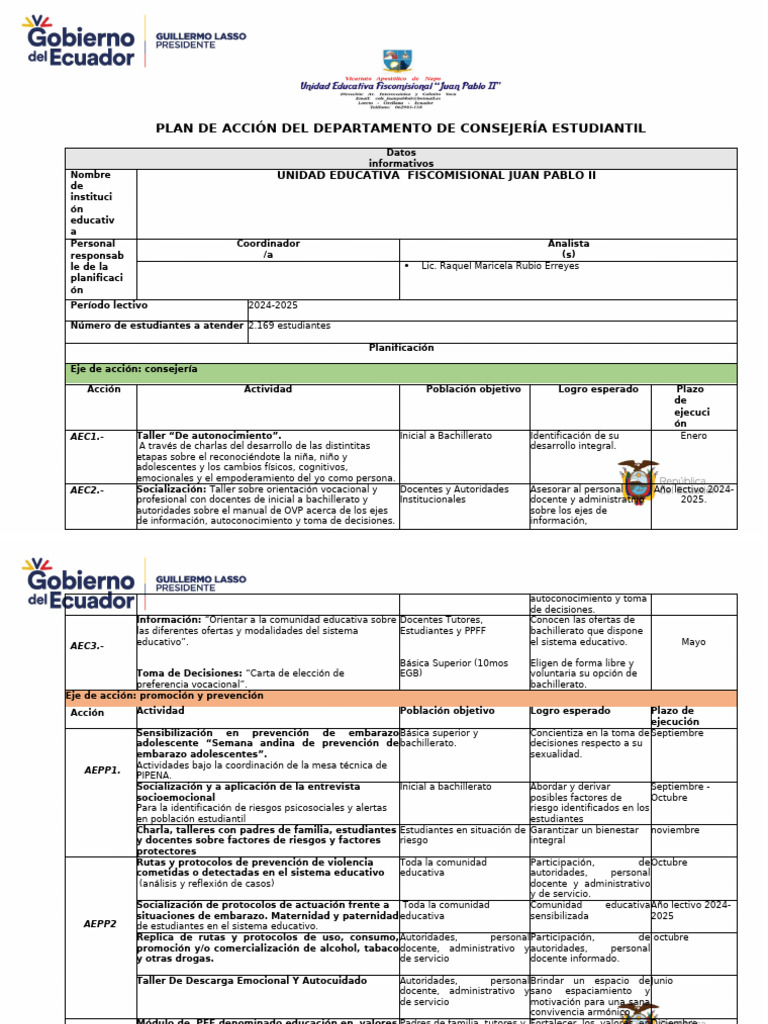 Plan de Accion Del Departamento Juan 'Pablo 2024-2025 | PDF