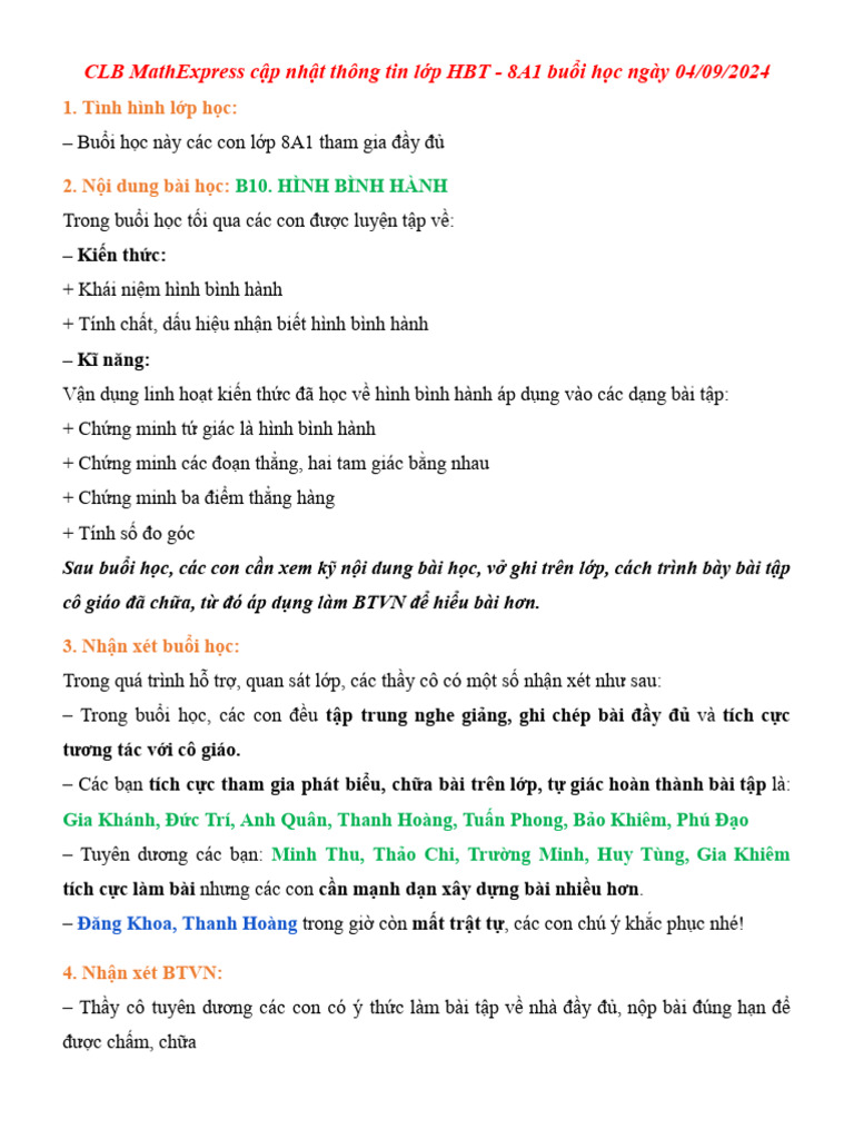 Clb Mathexpress Cập Nhật Thông Tin Lớp Hbt - 8A1 Buổi Học Ngày 04/09/2024 | PDF