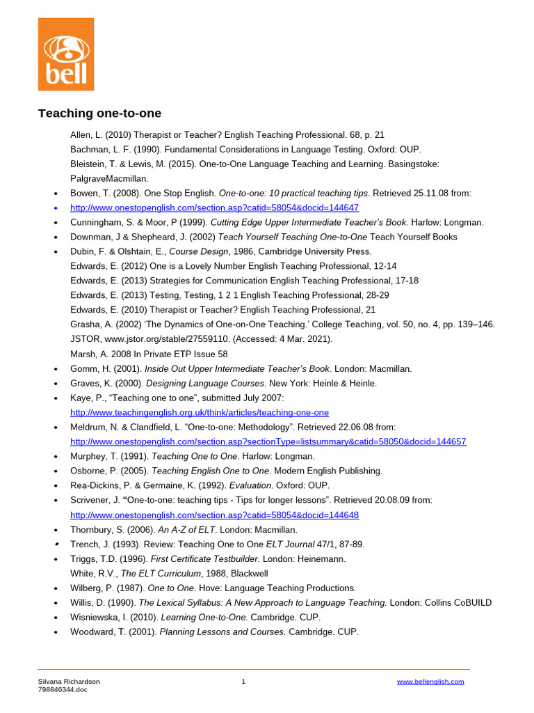 Teaching One-to-One - Reading List | PDF
