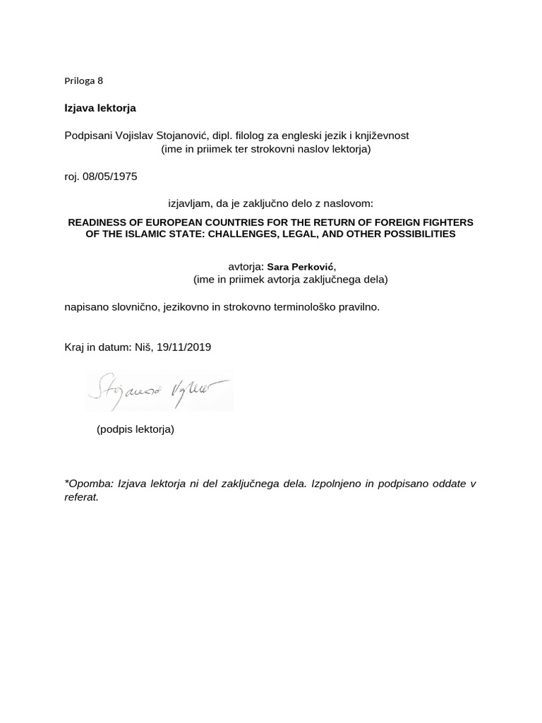 Priloga 8 Tehničnih Navodil NU - Izjava Lektorja | PDF