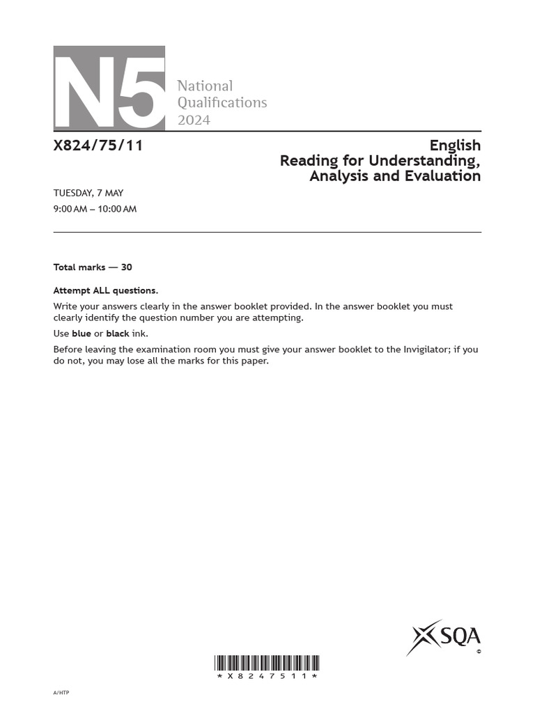 N5 - English - Reading For Understanding Analysis and Evaluation - 2024 ...