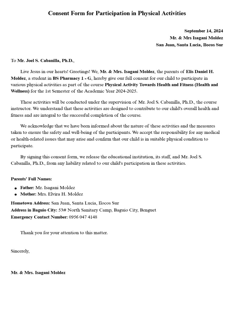 Consent Form for Participation in Physical Activities | PDF