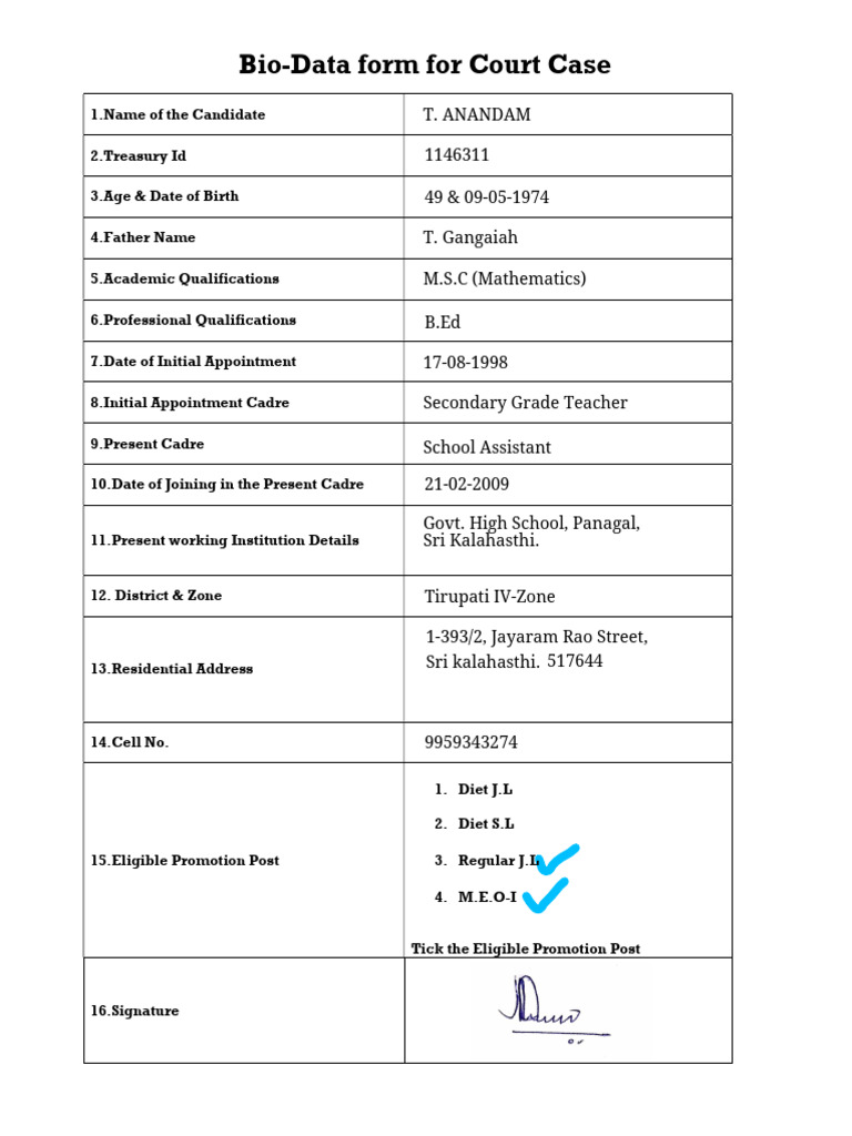 Bio Data Form For Court Cases | PDF
