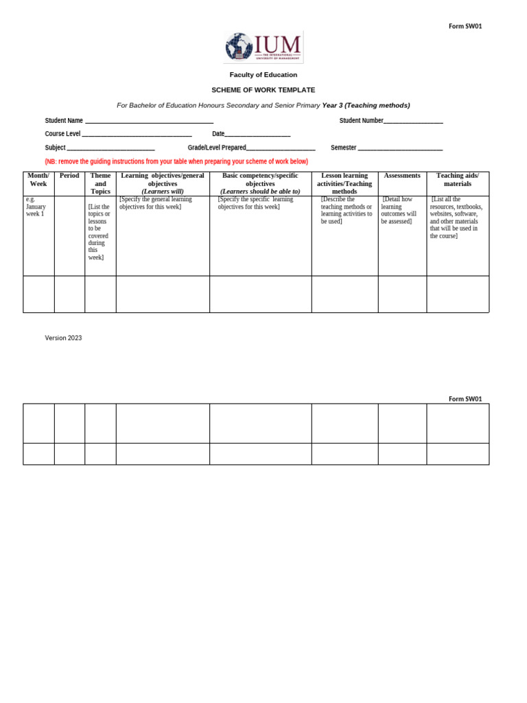Scheme of Work Template for Educators | PDF | Learning | Teaching Method