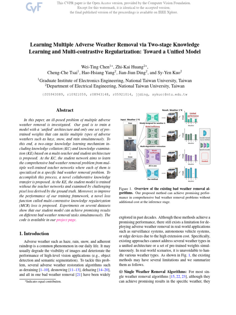 Chen Learning Multiple Adverse Weather Removal Via Two-Stage Knowledge Learning and CVPR 2022 ...