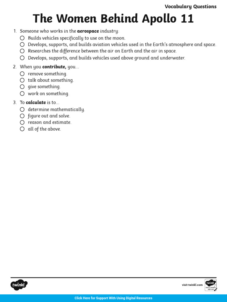 Fifth Grade The Women Behind Apollo 11 Digital Questions | PDF