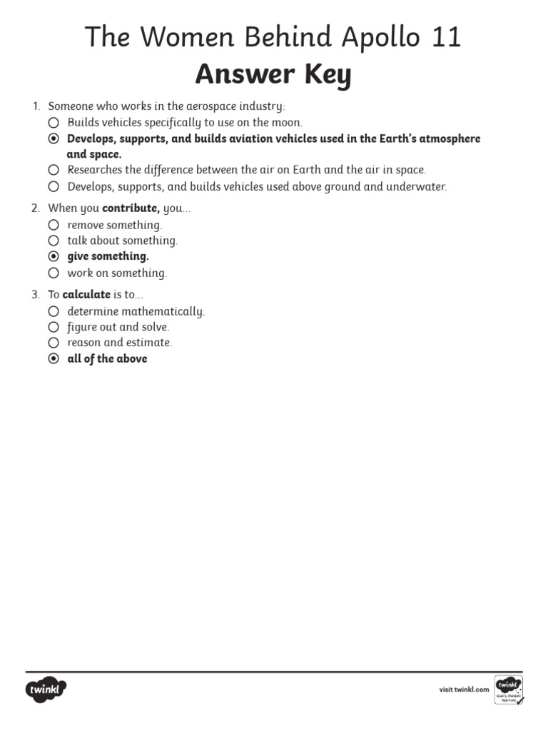 Fifth Grade The Women Behind Apollo 11 Answer Key | PDF