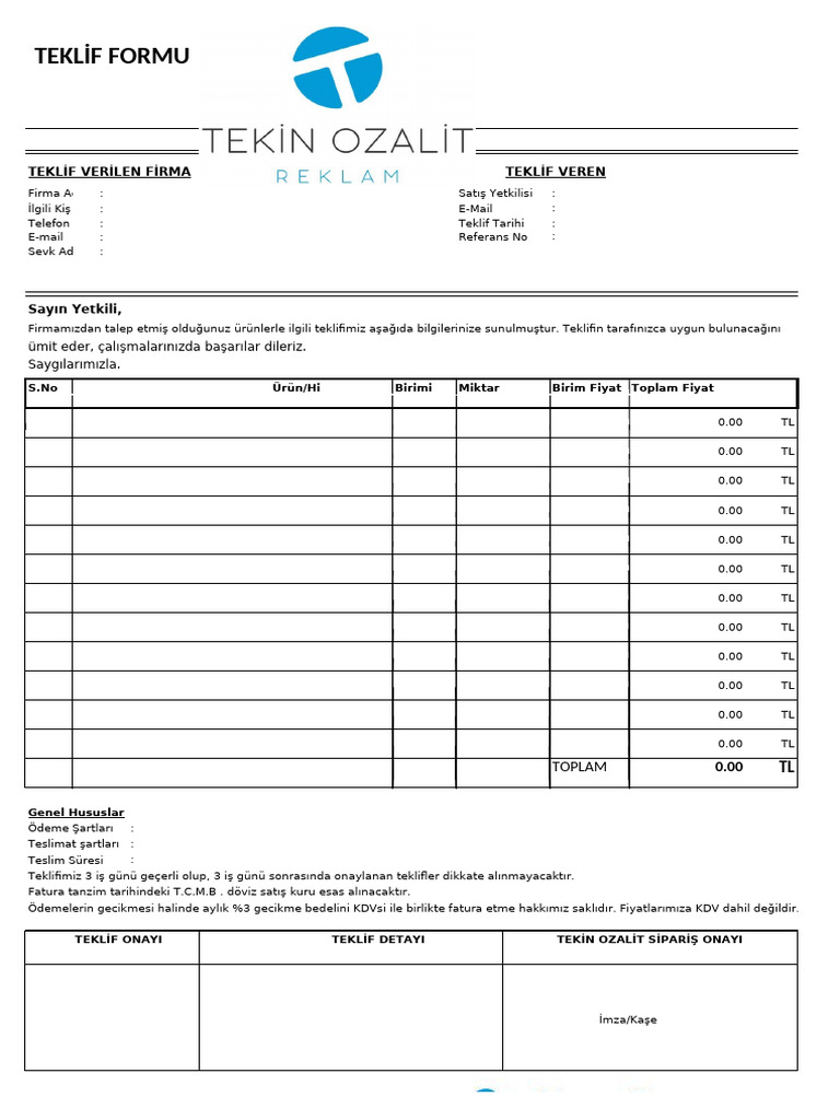 TEKİNOZALİT - TEKLİF FORMU - Yeni | PDF