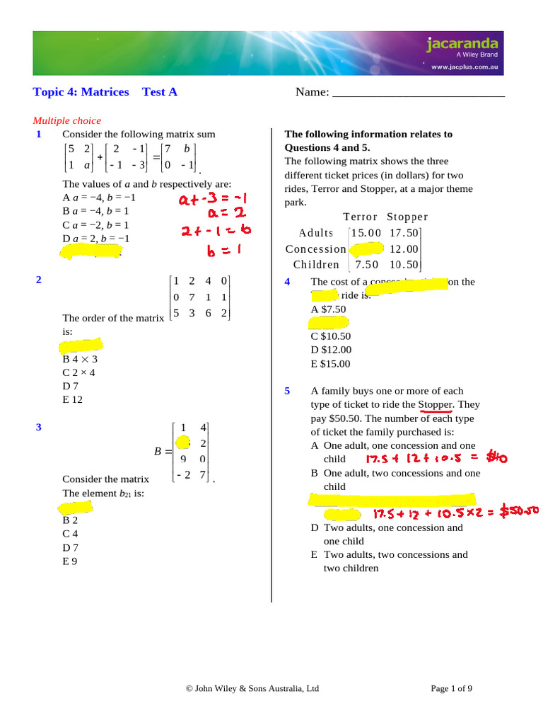Matrices Revision 2024 SOLUTIONS | PDF