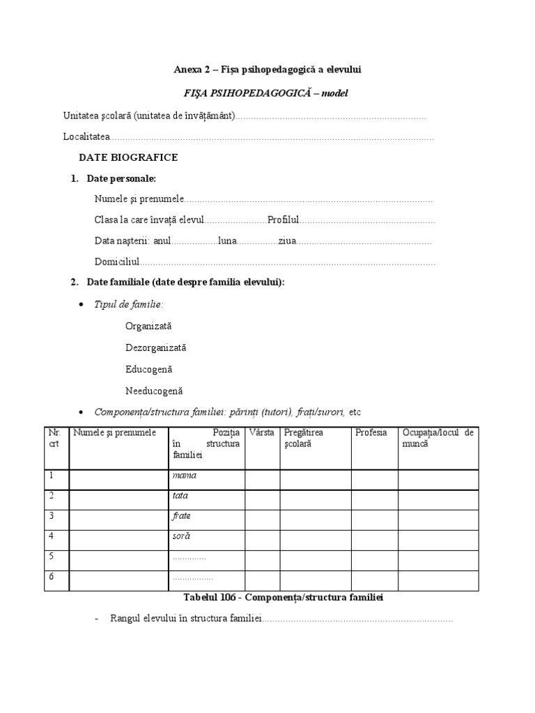Anexa 2 Fisa Psihopedagogica A Elevului | PDF