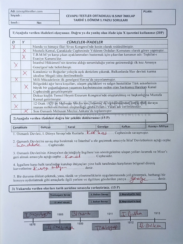 Cevaplar - 8.sinif İnkilap 1.dönem 1.yazili Sorulari-2 | PDF