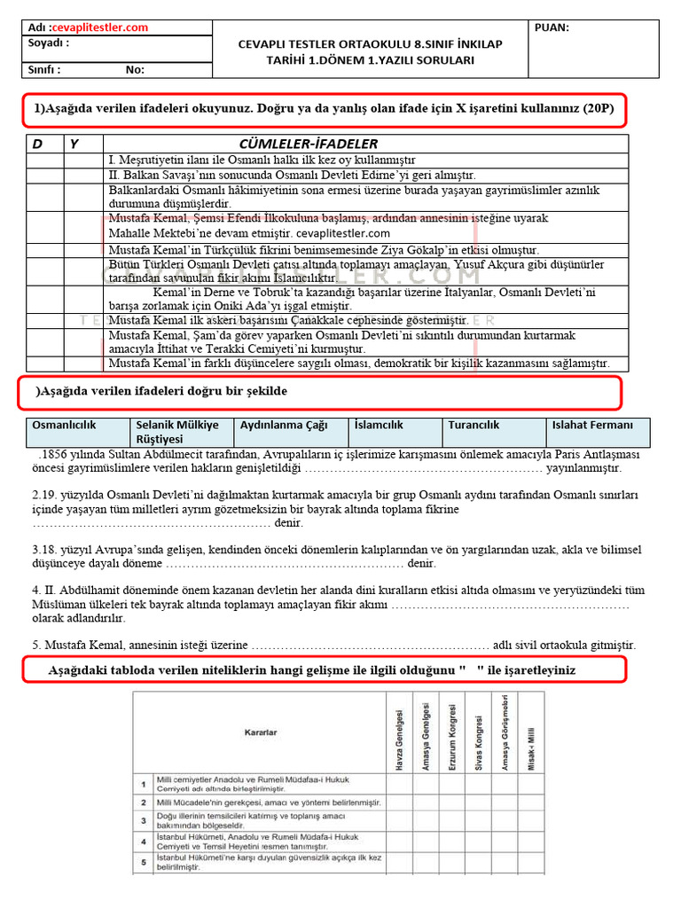 8.sinif İnkilap 1.dönem 1.yazili Sorulari-1 | PDF