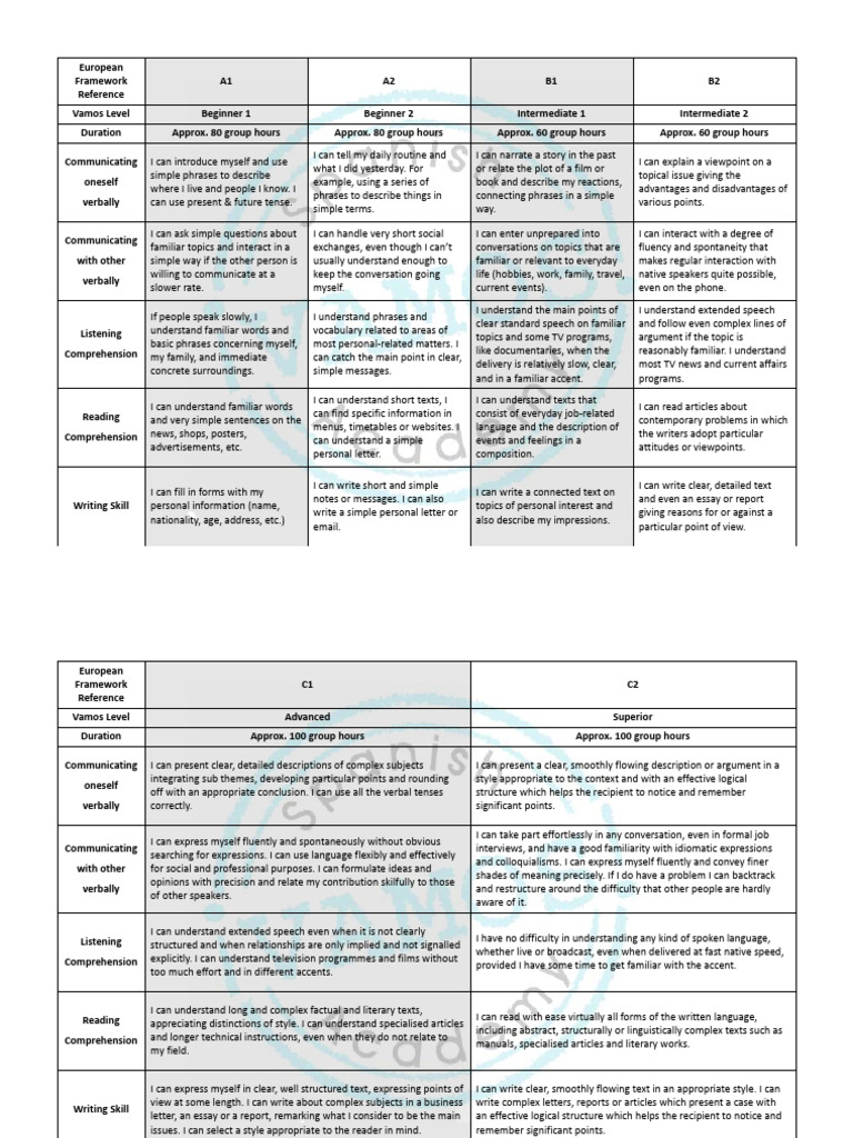 Vamos Spanish Skill Level Chart | PDF