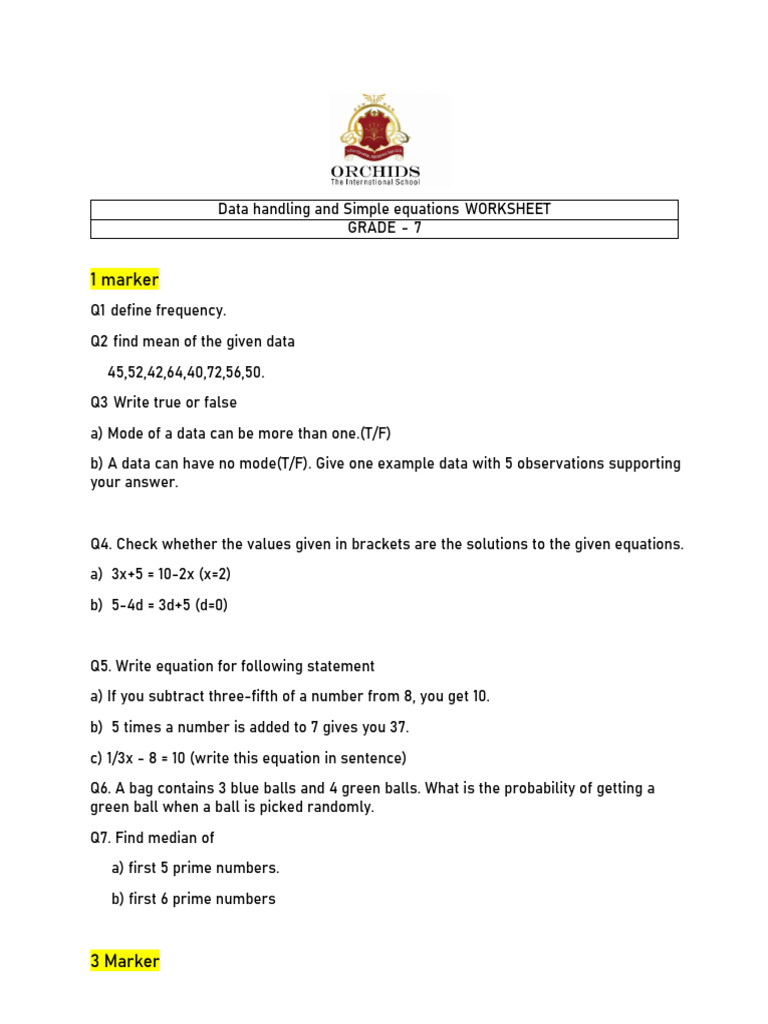 G7 Simple Equatuons and Data Handling Worksheet.-2 | PDF