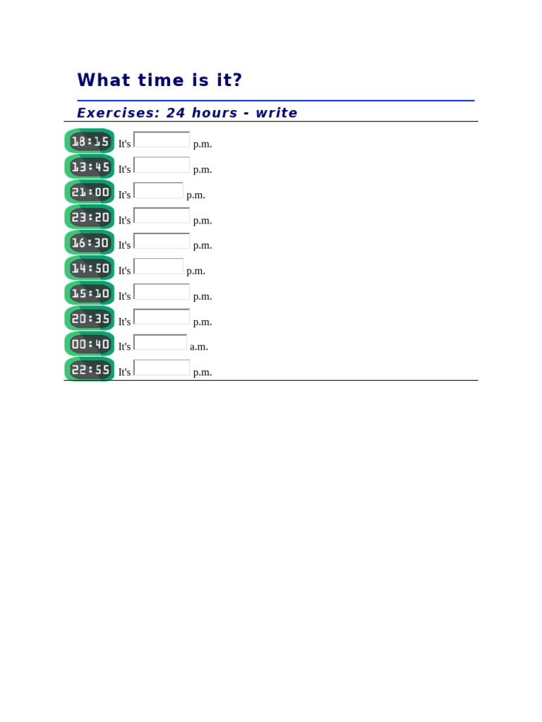 What Time Is It?: Exercises: 24 Hours - Write | PDF | Language Arts & Discipline