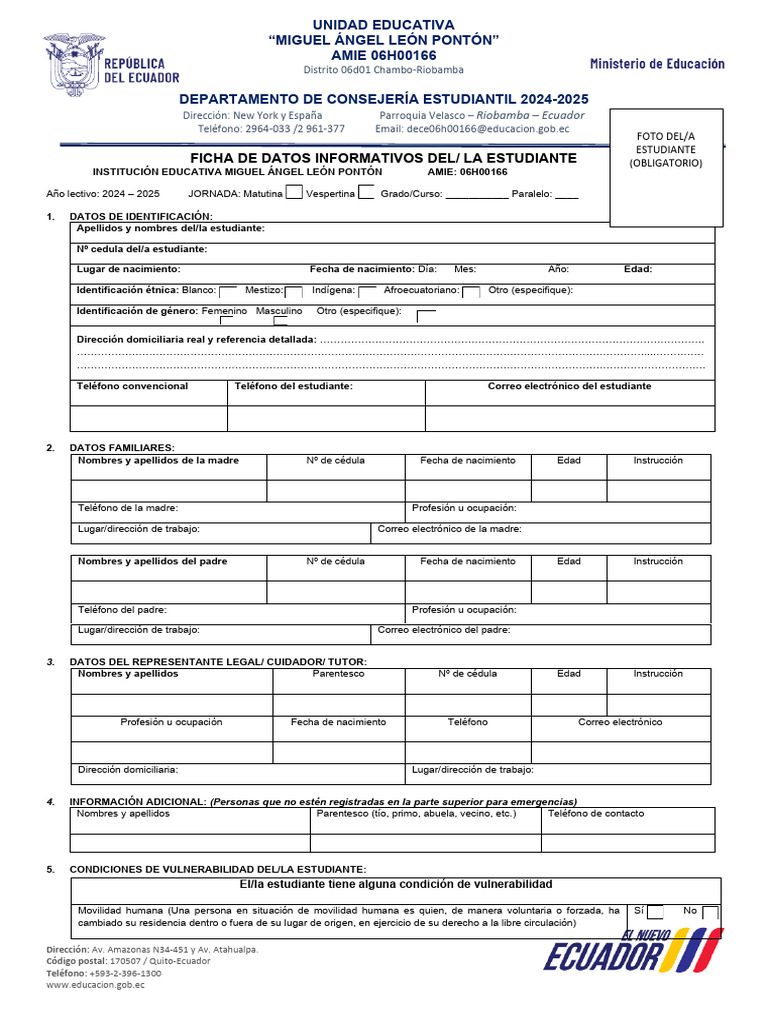 Ficha Actualización Datos Informativos Del Estudiante Dece | PDF