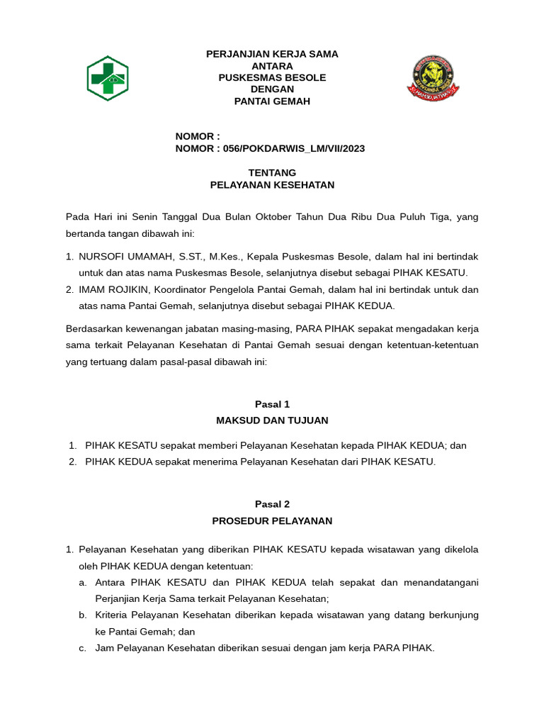 PERJANJIAN KERJA SAMA PKM Besole-Gemah (Revisi) | PDF