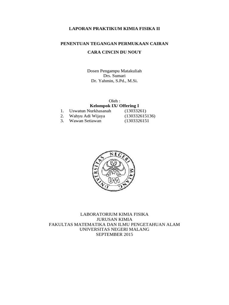 LAPORAN PRAKTIKUM KIMIA FISIKA II-cincin Du Nouy | PDF