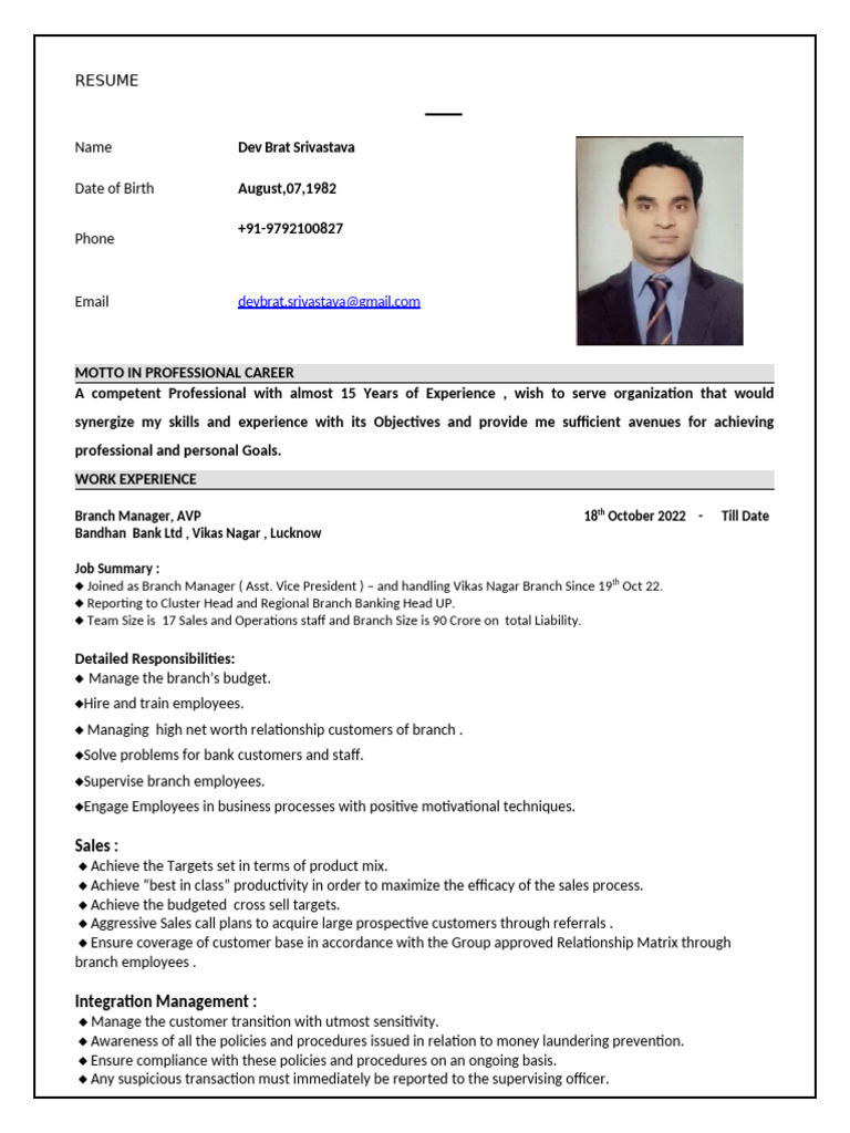 Dev Brat Srivastava Resume | PDF | Banks | Career & Growth