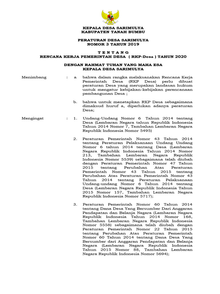PERDES TAHUN 2019 NO.03 Tentang RKPDes TA.2020 | PDF