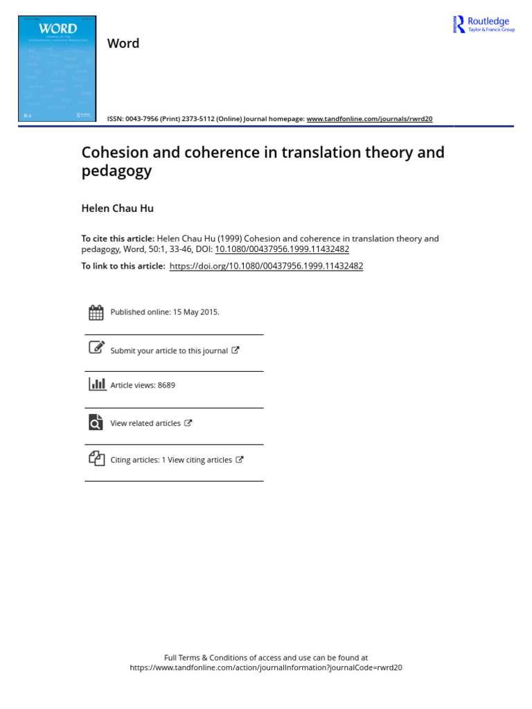 Cohesion and Coherence in Translation Theory and Pedagogy | PDF