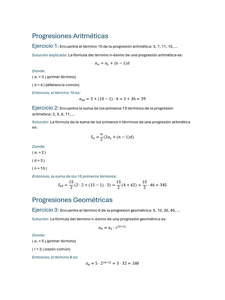 Ejercicios de Progresiones Aritméticas y Geométricas Con Soluciones | PDF | Métodos y materiales ...