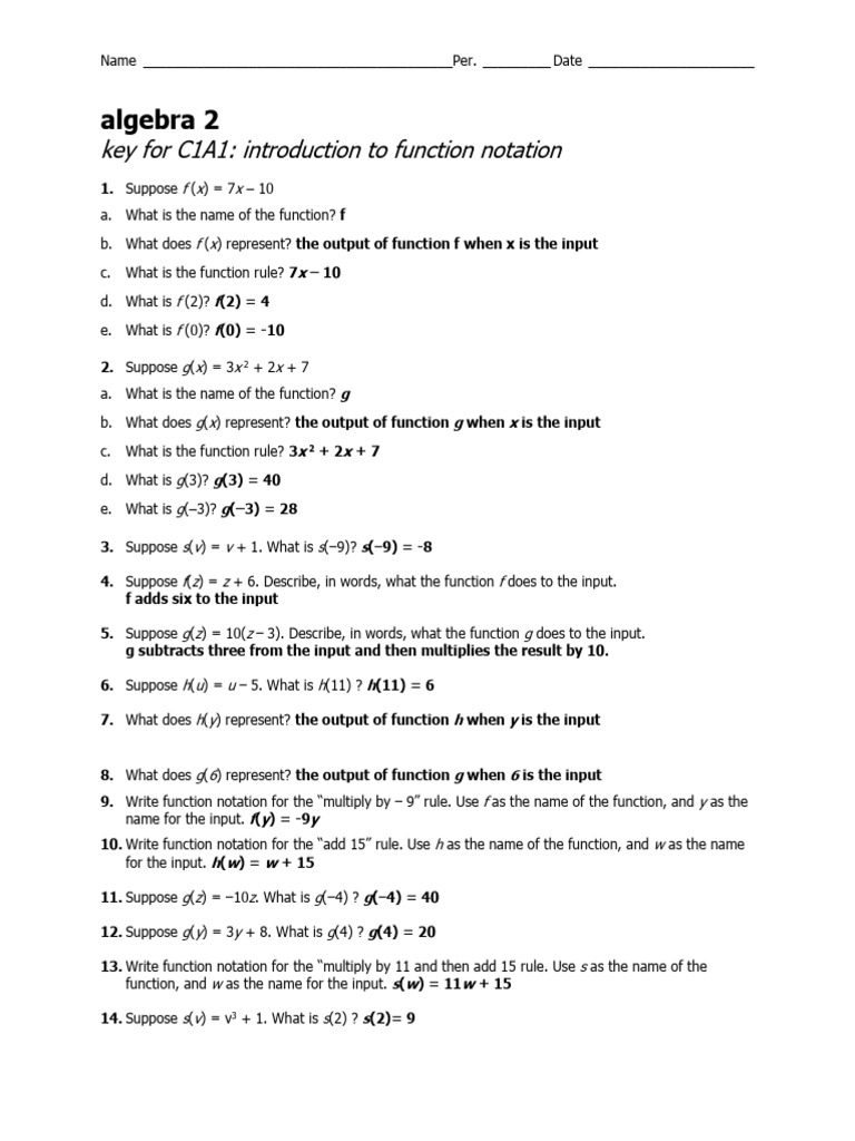 Algebra 2 C1a1 Function Notation Key | PDF